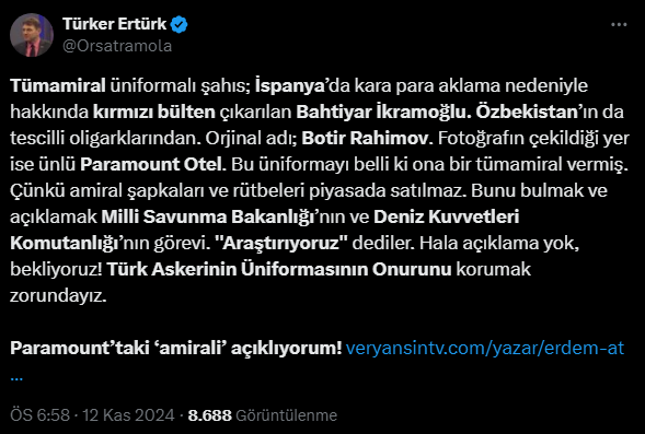 Türker Ertürk'ten MSB'ye 'Paramount'taki amiral' tepkisi: Hala açıklama ...