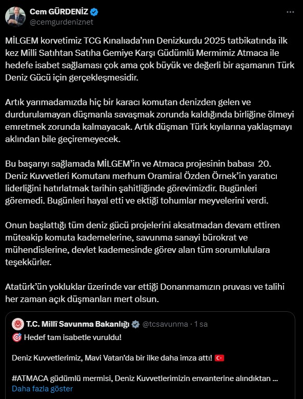 Deniz Kuvvetleri'nden ATMACA atışı... Cem Gürdeniz: Düşman aklından ...